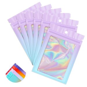 funfery 100 pack holographic bags mylar bags,clear window smell proof bags foil seal pouch resealable bags with ziplock,packaging bags for food storage,jewelry,business supplie(3.1×5.1in,purple blue)