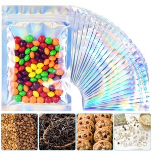 100pcs mylar holographic bags smell proof, reusable bags resealable odor proof bags for food,jewelry,lipgloss,eyelash,packaging small business bags(usable size: 2.7x4 inch)