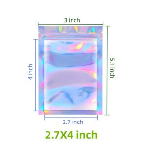 100Pcs Mylar Holographic Bags Smell Proof, Reusable Bags Resealable Odor Proof Bags for Food,Jewelry,Lipgloss,Eyelash,Packaging Small Business Bags(Usable Size: 2.7x4 inch)