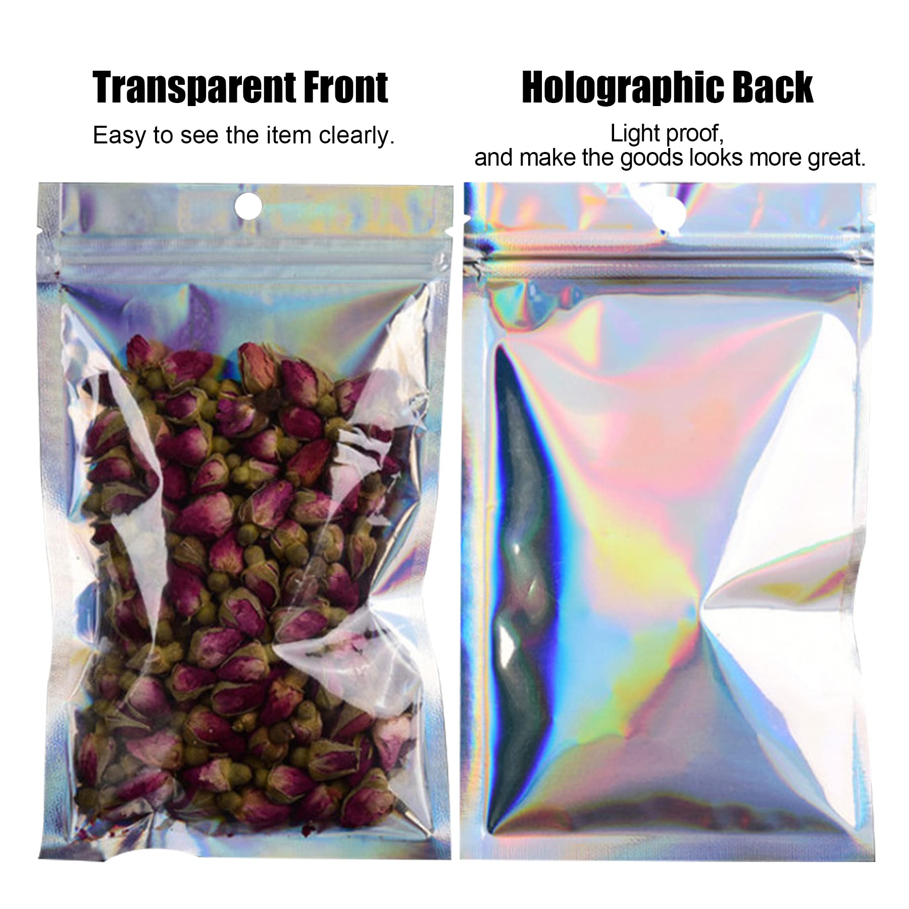 100Pcs Mylar Holographic Bags Smell Proof, Reusable Bags Resealable Odor Proof Bags for Food,Jewelry,Lipgloss,Eyelash,Packaging Small Business Bags(Usable Size: 2.7x4 inch)