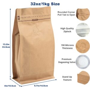 50 Count 32 Ounces/1Kg Kraft Paper Coffee Bags - High Barrier Kraft & Foil Liner - Flat Bottom Coffee Pouches with Degassing Valve, Food Storage Bags with Rsealable Zipper & Easy Open Tape (50pcs, 32oz/1kg)