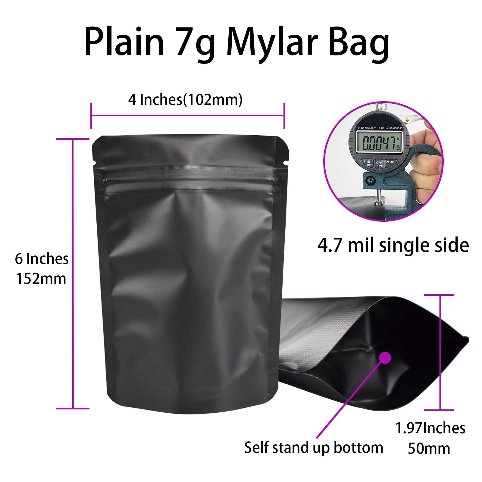 100 Pack Mylar Bag,7 Gram Stand-up Packaging Pouch, 4.72 Mil Thickness Resealable Zip Lock Foil Food Storage Baggies Safe Material,4X6 Inches,Matte Black