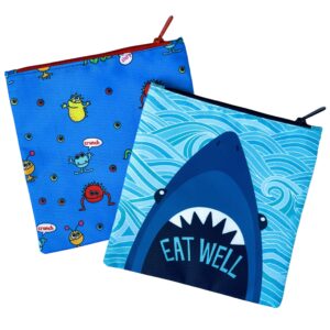 yumbox reusable fabric sandwich and snack bags (set of 2) with fun shark and funny monsters prints for toddlers and kids. zip closure, wide opening, washable, food safe, bpa free, large 8 x 8 in.