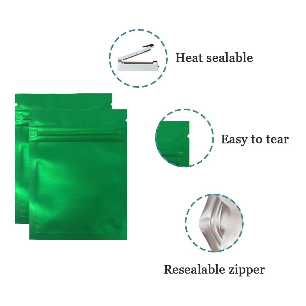 FERENLI 100 Pcs Mylar Zipper Lock Food Storage Bag Matte Aluminum Foil Airtight Bag with Front Window Plastic Packaging Pouch for Zip Flat Heat Seal Lock Resealable (7.5x10cm (3x3.9 inch), Green)