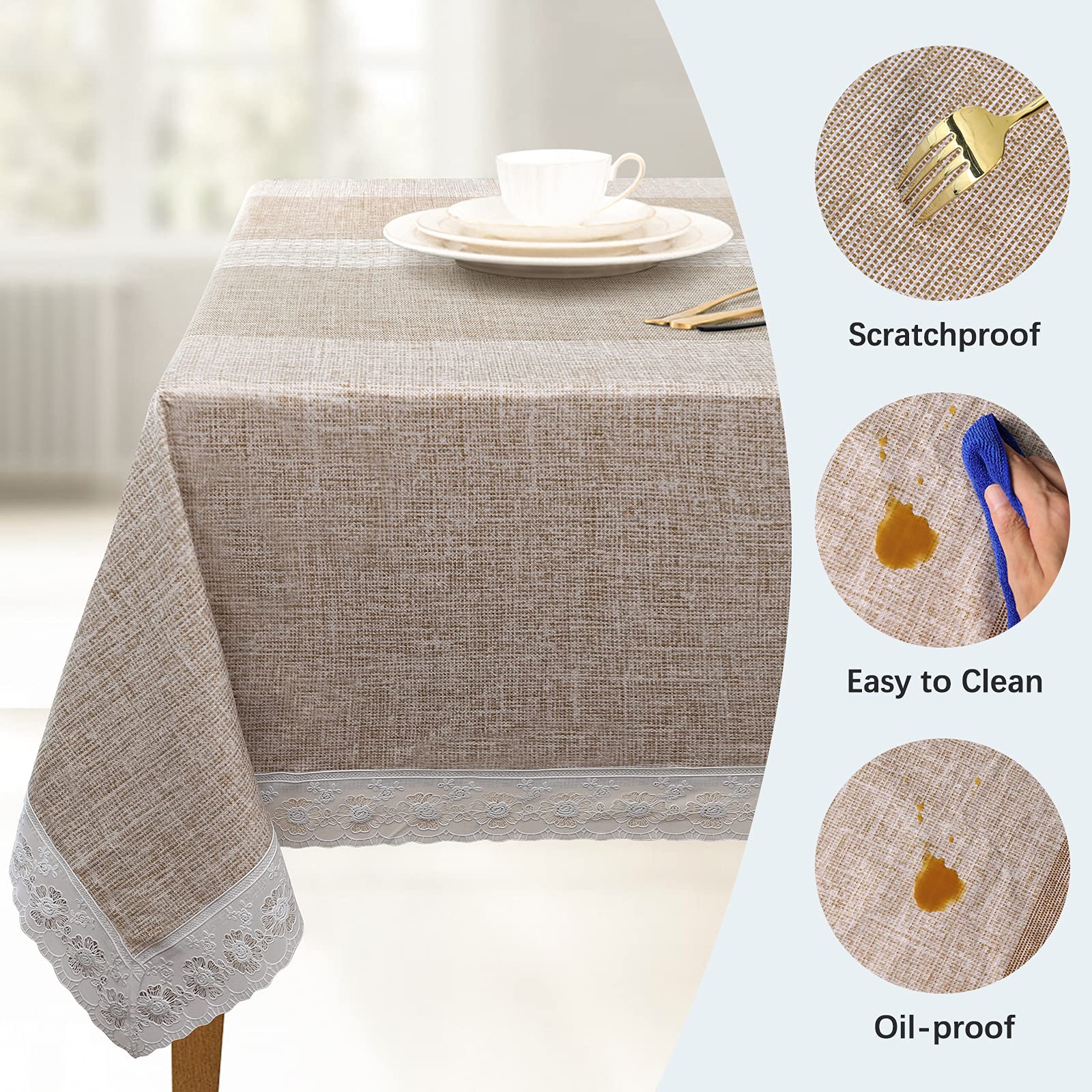 JUCFHY Vinyl Tablecloth with Flannel Backing,Plastic Waterproof Rectangle Tablecloths,Wipeable Table Cloth for Garden Kitchen Indoor & Outdoor, Washable PVC Table Cover(Brown Stripes,58 x 104 Inch)