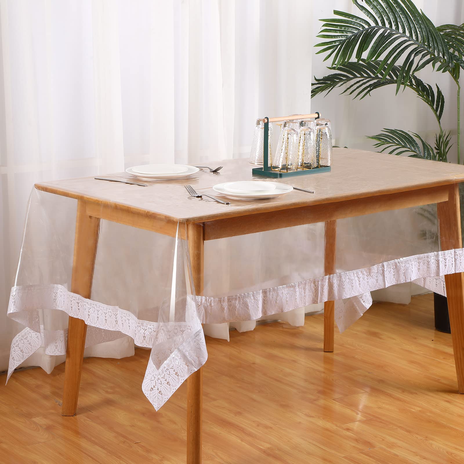 Mixweer Clear Vinyl Tablecloth Protector Plastic Table Cover Waterproof Tablecloth Dining Table Cover White Lace Tablecloth for Dining Tables Kitchen Home (60 x 84 Inch)