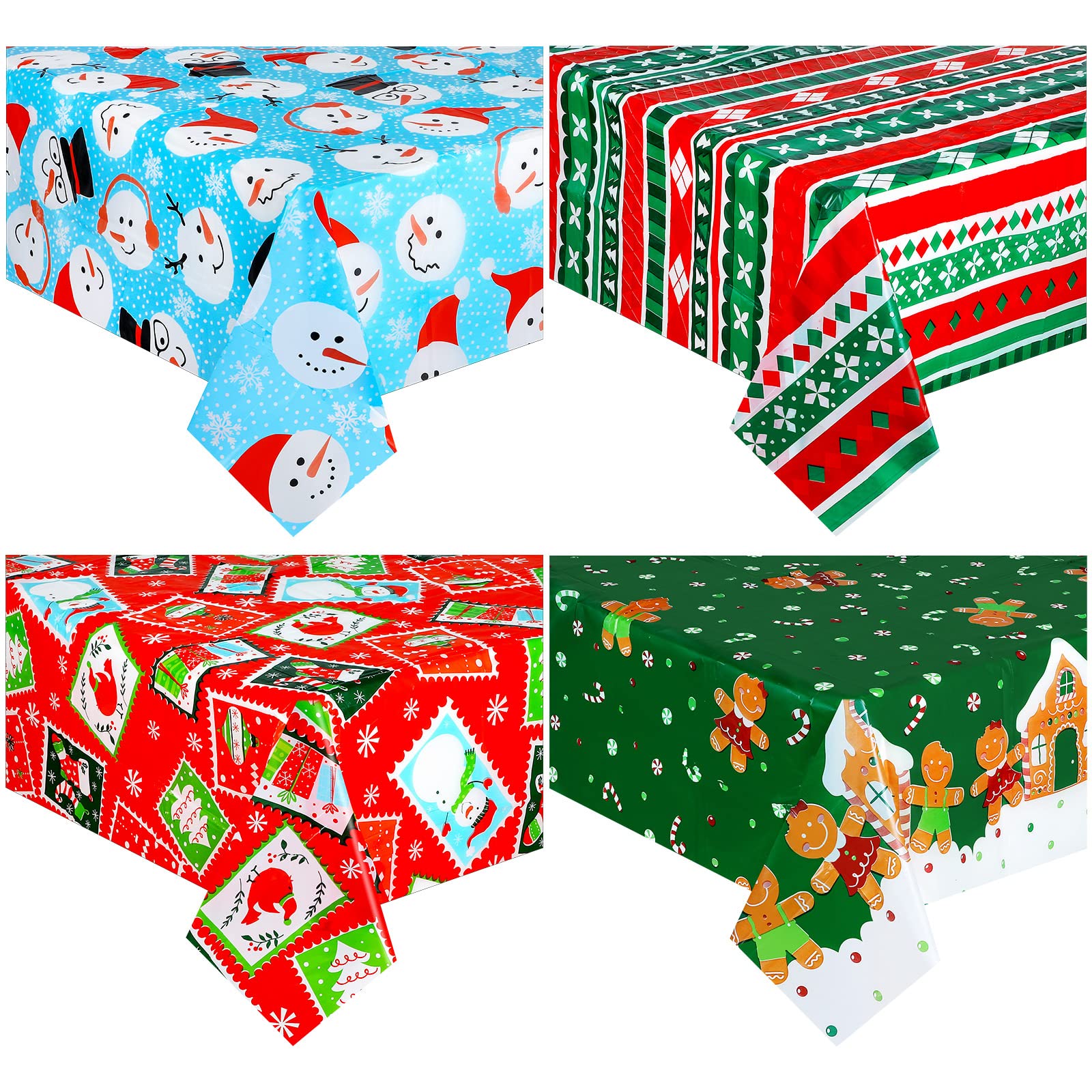 4 Pcs Christmas Tablecloth Disposable Plastic Rectangle Xmas Picnic Table Cover Christmas Pattern Printed Dining Table Cloth for Xmas Kitchen Decorations Holiday Party (Bright Style, 51.2 x 86.6 Inch)