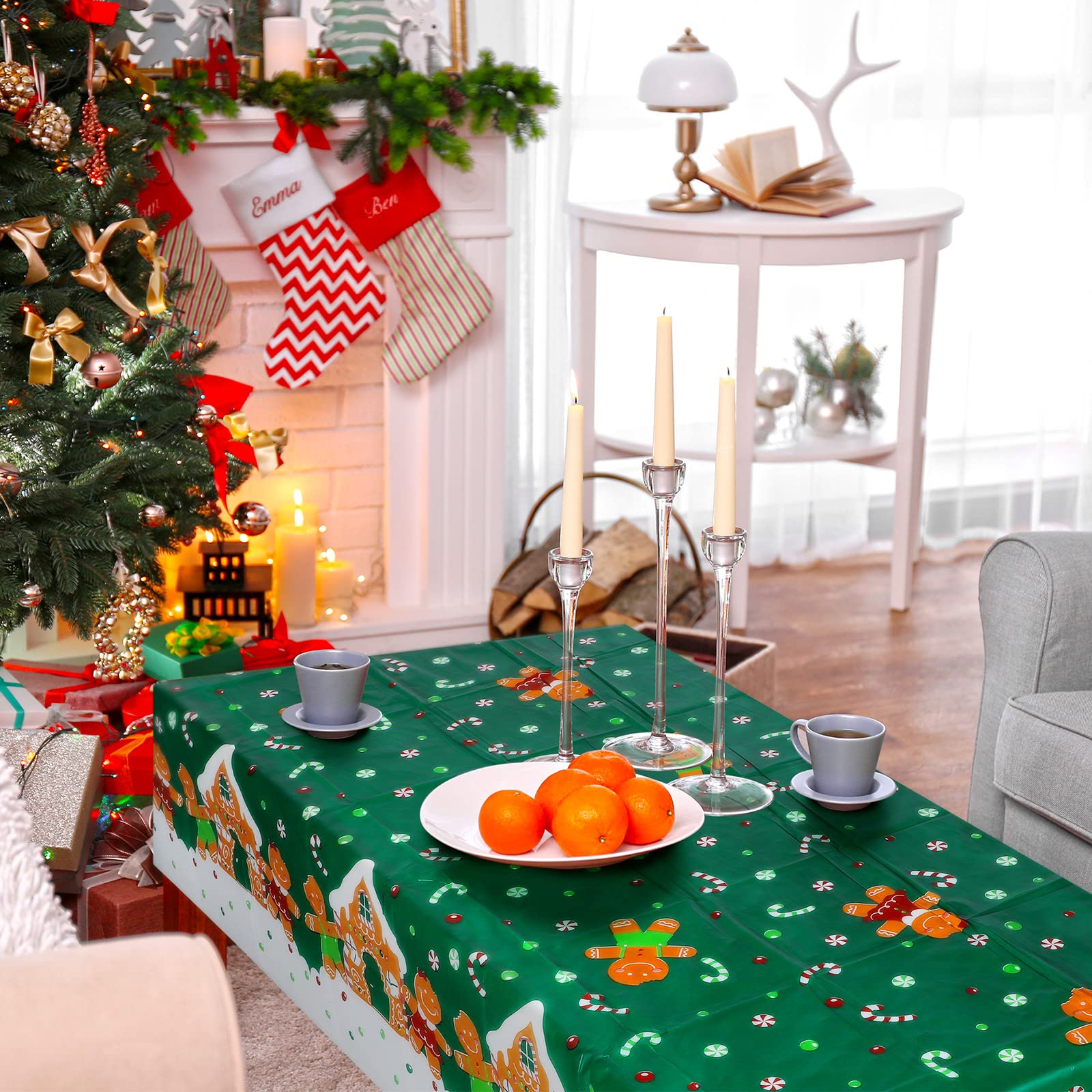 4 Pcs Christmas Tablecloth Disposable Plastic Rectangle Xmas Picnic Table Cover Christmas Pattern Printed Dining Table Cloth for Xmas Kitchen Decorations Holiday Party (Bright Style, 51.2 x 86.6 Inch)