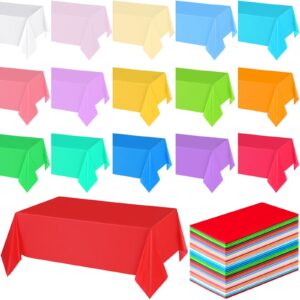 newwiee 48 pcs assorted color plastic tablecloth disposable plastic rainbow tablecloth colorful rectangle table covers waterproof party table cloths for picnic kitchen birthday, 54x72''(multicolor)