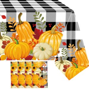 peony man 4 pieces fall plaid tablecloth plastic pumpkin table cover black white buffalo checkered with disposable for dining kitchen thanksgiving autumn party, 54 x 108 inch