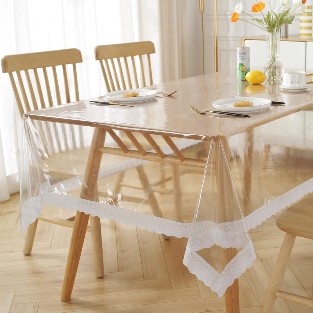 meioro Clear PE Tablecloths Protector Waterproof/Oil-Proof Table Cover Plastic Table Pads Rectangle Transparent Tablcloth Suitable for Indoor and Outdoor (Transparent -Lace, 59 x 59 Inch)