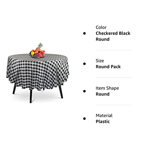 14 Pack Premium Round Checkered Black Plastic Tablecloth - 84 x 84 in. Disposable Round Plastic Table Cloth - Decorative Round Table Cover Smooth Table Cover - Disposable Table Cloths For Parties Use