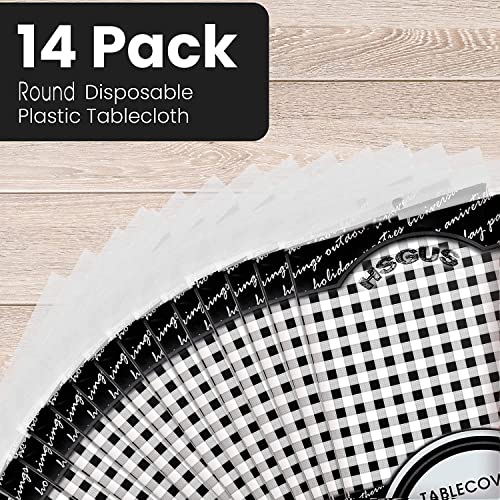 14 Pack Premium Round Checkered Black Plastic Tablecloth - 84 x 84 in. Disposable Round Plastic Table Cloth - Decorative Round Table Cover Smooth Table Cover - Disposable Table Cloths For Parties Use