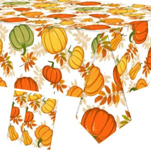 peony man 2 pieces fall pumpkin plastic tablecloth disposable table covers autumn leaf rectangle tablecloths thanksgiving harvest party cover for dining kitchen decor, 54 x 108 inch