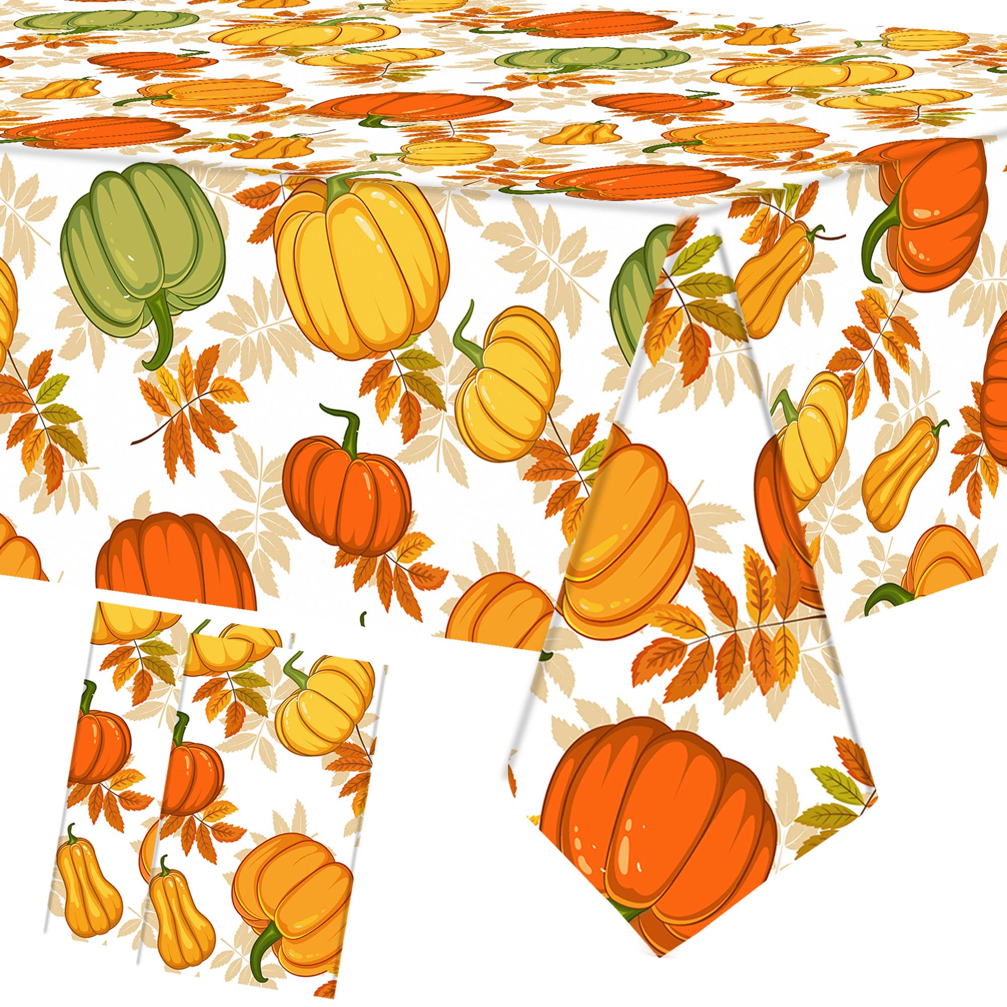 peony man 2 Pieces Fall Pumpkin Plastic Tablecloth Disposable Table Covers Autumn Leaf Rectangle Tablecloths Thanksgiving Harvest Party Cover for Dining Kitchen Decor, 54 x 108 Inch