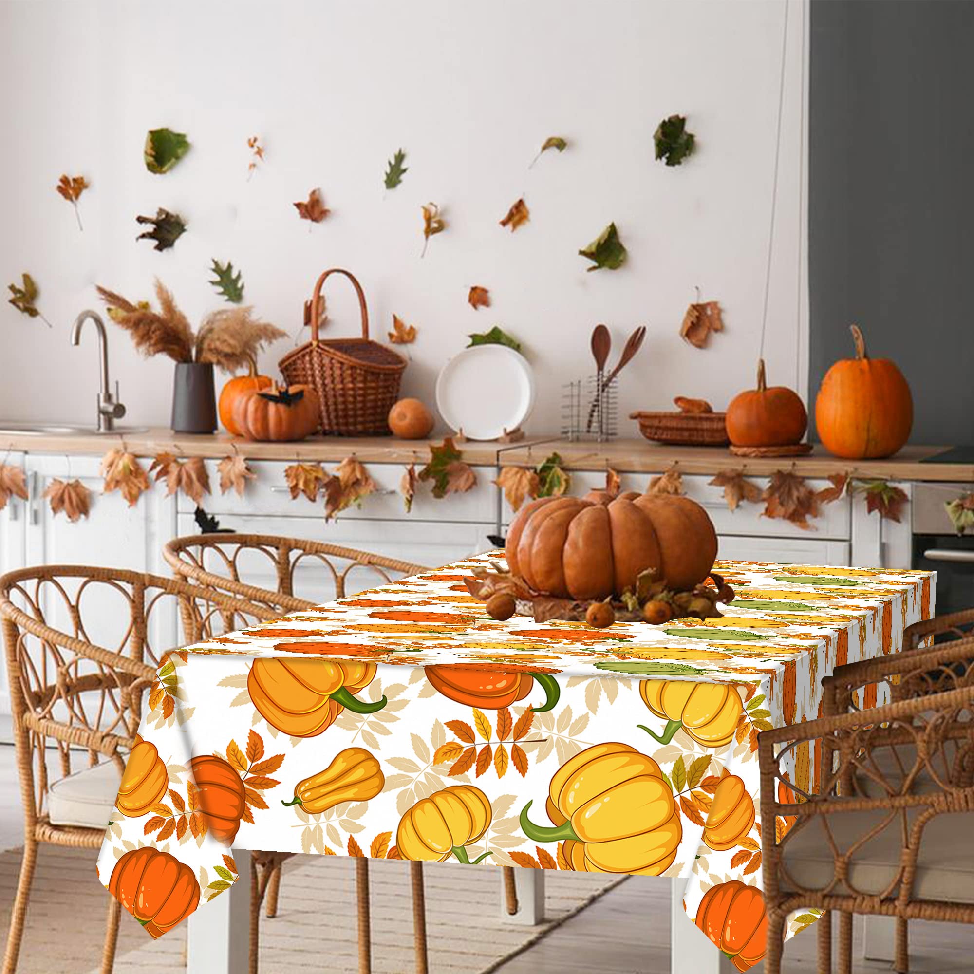 peony man 2 Pieces Fall Pumpkin Plastic Tablecloth Disposable Table Covers Autumn Leaf Rectangle Tablecloths Thanksgiving Harvest Party Cover for Dining Kitchen Decor, 54 x 108 Inch