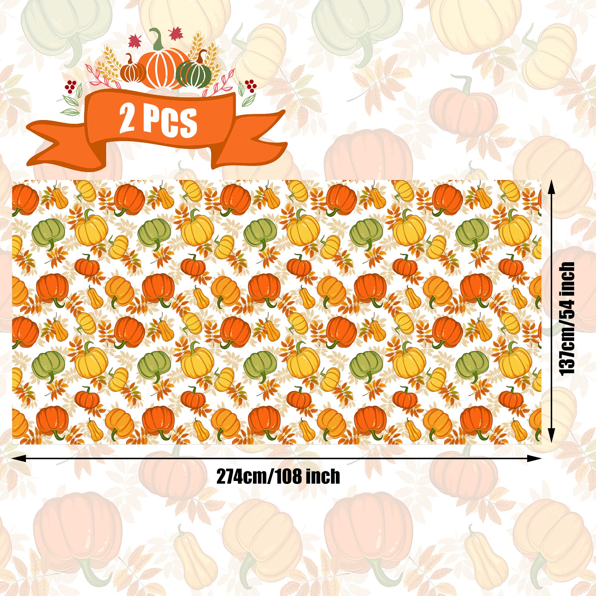 peony man 2 Pieces Fall Pumpkin Plastic Tablecloth Disposable Table Covers Autumn Leaf Rectangle Tablecloths Thanksgiving Harvest Party Cover for Dining Kitchen Decor, 54 x 108 Inch