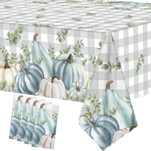 4 pcs pumpkin plastic tablecloth fall plaid table covers disposable blue pumpkin table cover eucalyptus pumpkin waterproof tablecloths for autumn harvest thanksgiving party, 54 x 108 inch