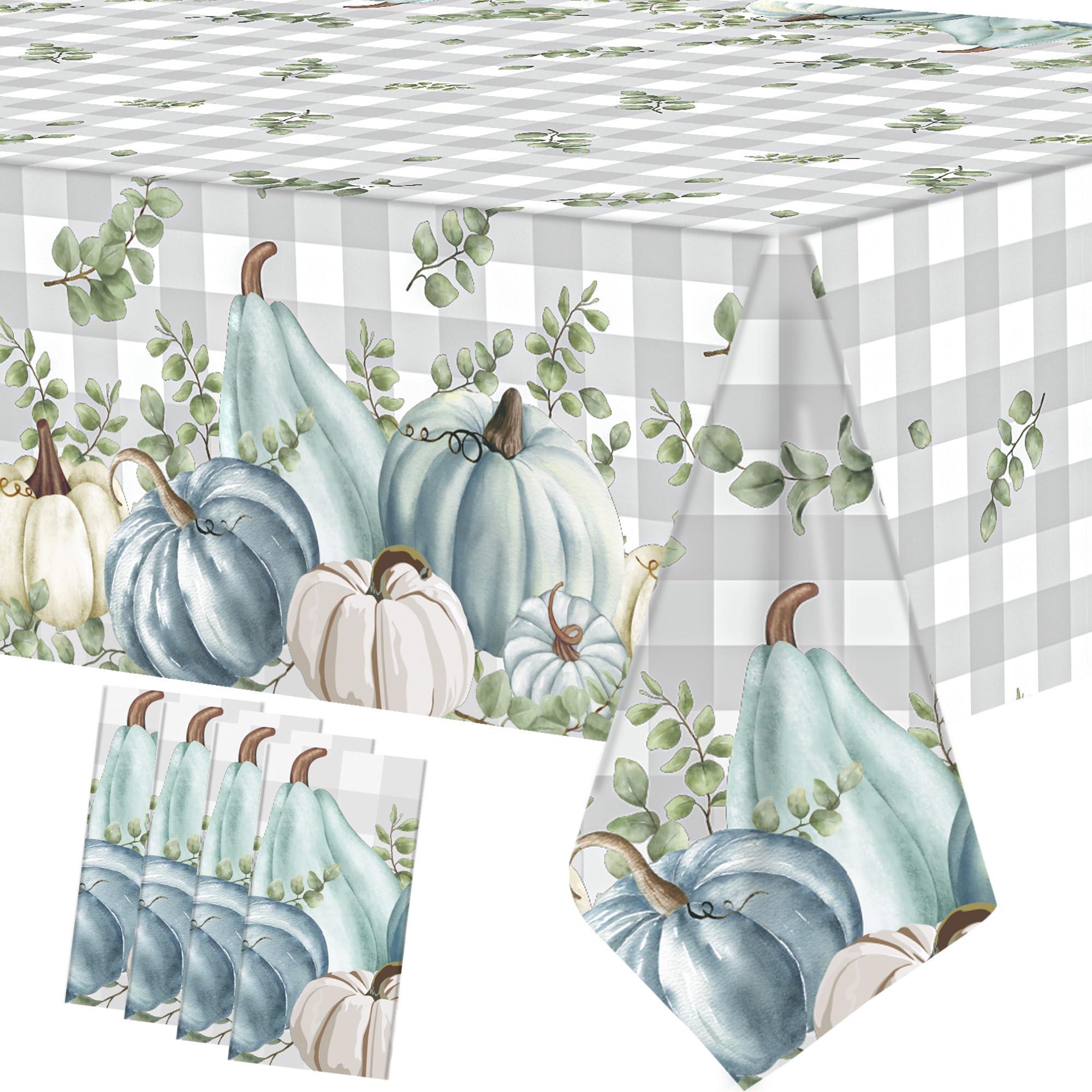 4 PCS Pumpkin Plastic Tablecloth Fall Plaid Table Covers Disposable Blue Pumpkin Table Cover Eucalyptus Pumpkin Waterproof Tablecloths for Autumn Harvest Thanksgiving Party, 54 x 108 Inch