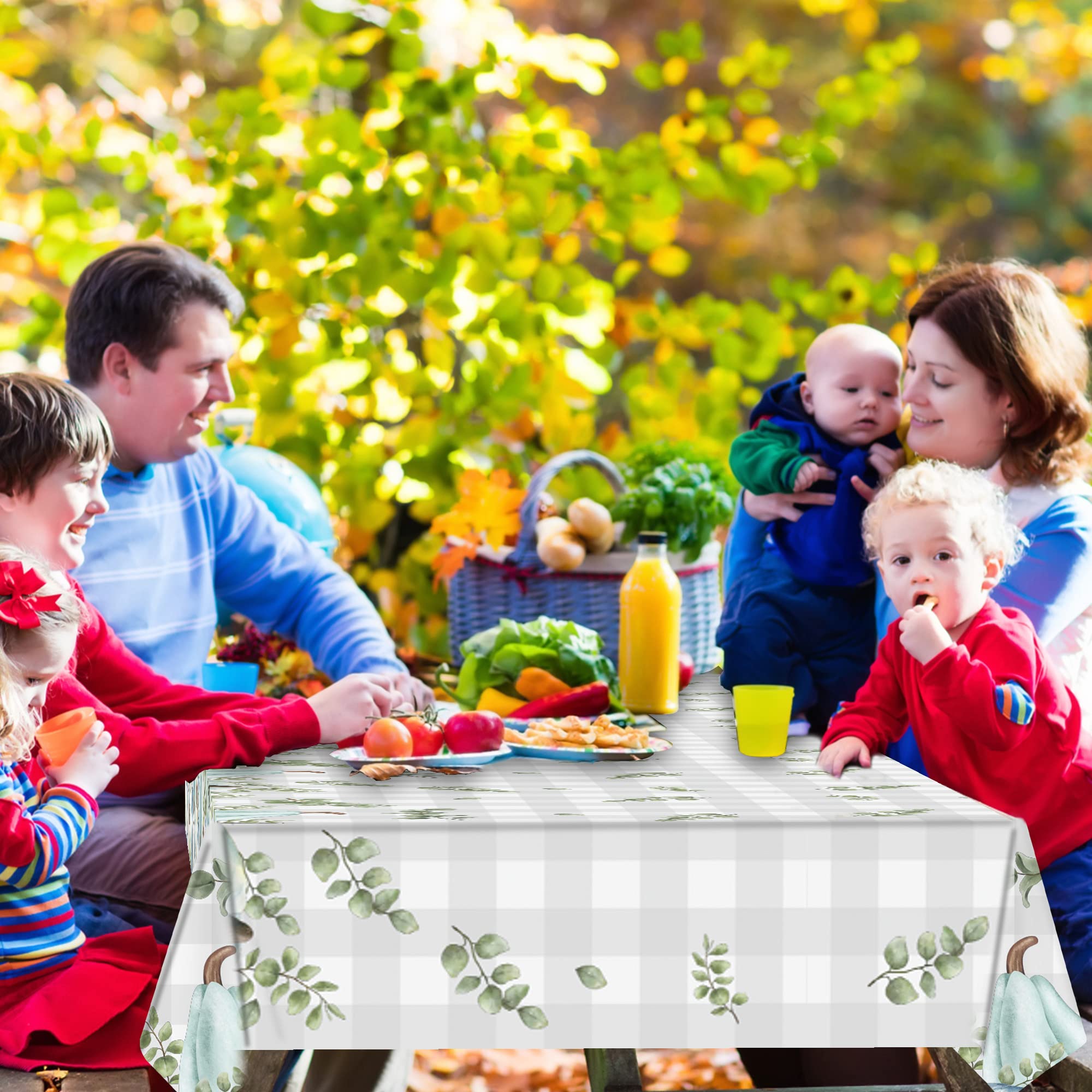 4 PCS Pumpkin Plastic Tablecloth Fall Plaid Table Covers Disposable Blue Pumpkin Table Cover Eucalyptus Pumpkin Waterproof Tablecloths for Autumn Harvest Thanksgiving Party, 54 x 108 Inch