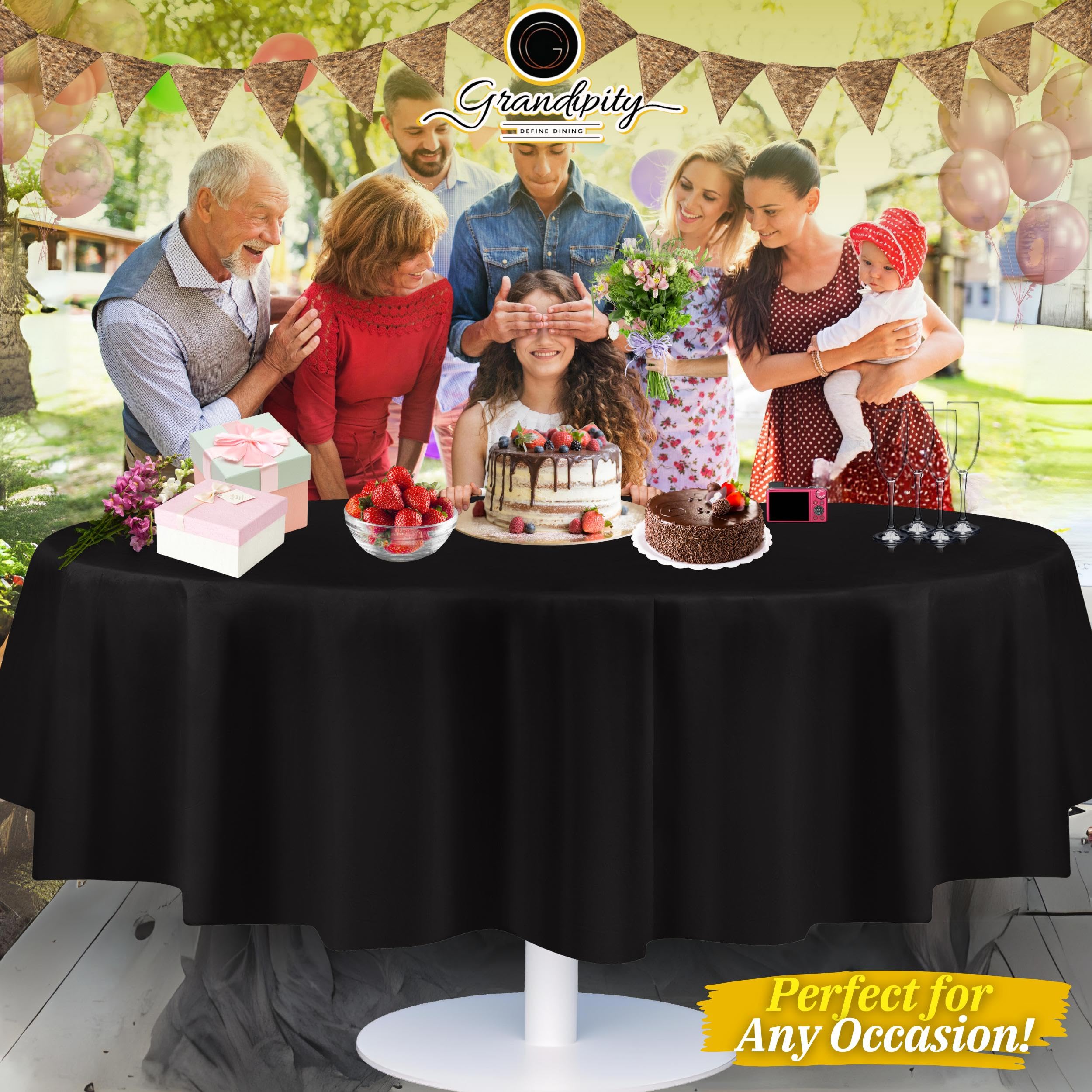 Grandipity Black 84" Decorative Round 12 Pack Premium Disposable Plastic Tablecloth 84 Inch Decorative Round Table Cover