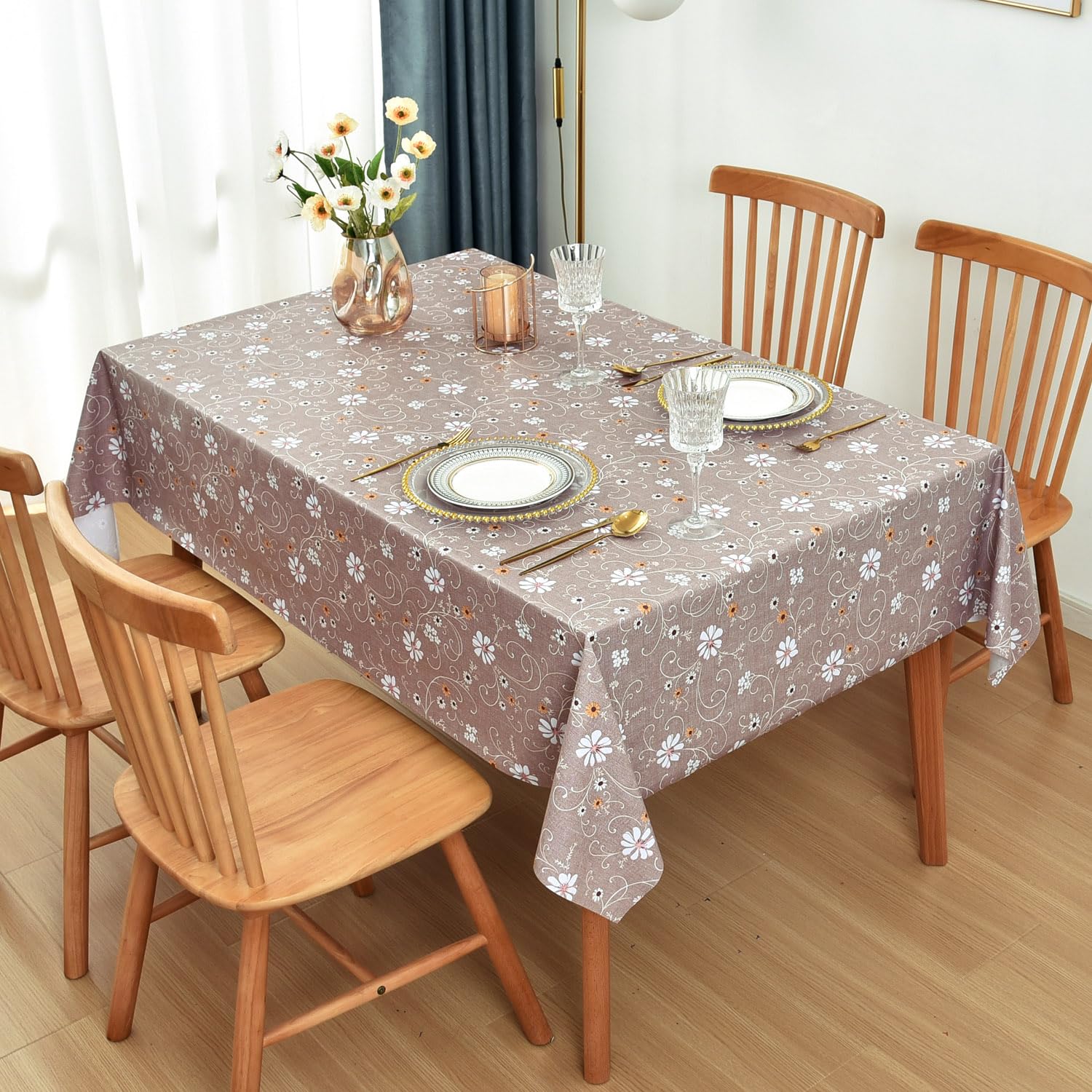 LOHASCASA Vinyl Tablecloth for Rectangle Table Cloth Cover Farmhouse Summer Vinyl Oilcloth Plastic Waterproof Spillproof Wipeable PVC Tablecloths for Kitchen Table 54 x 70 Tan Flowers