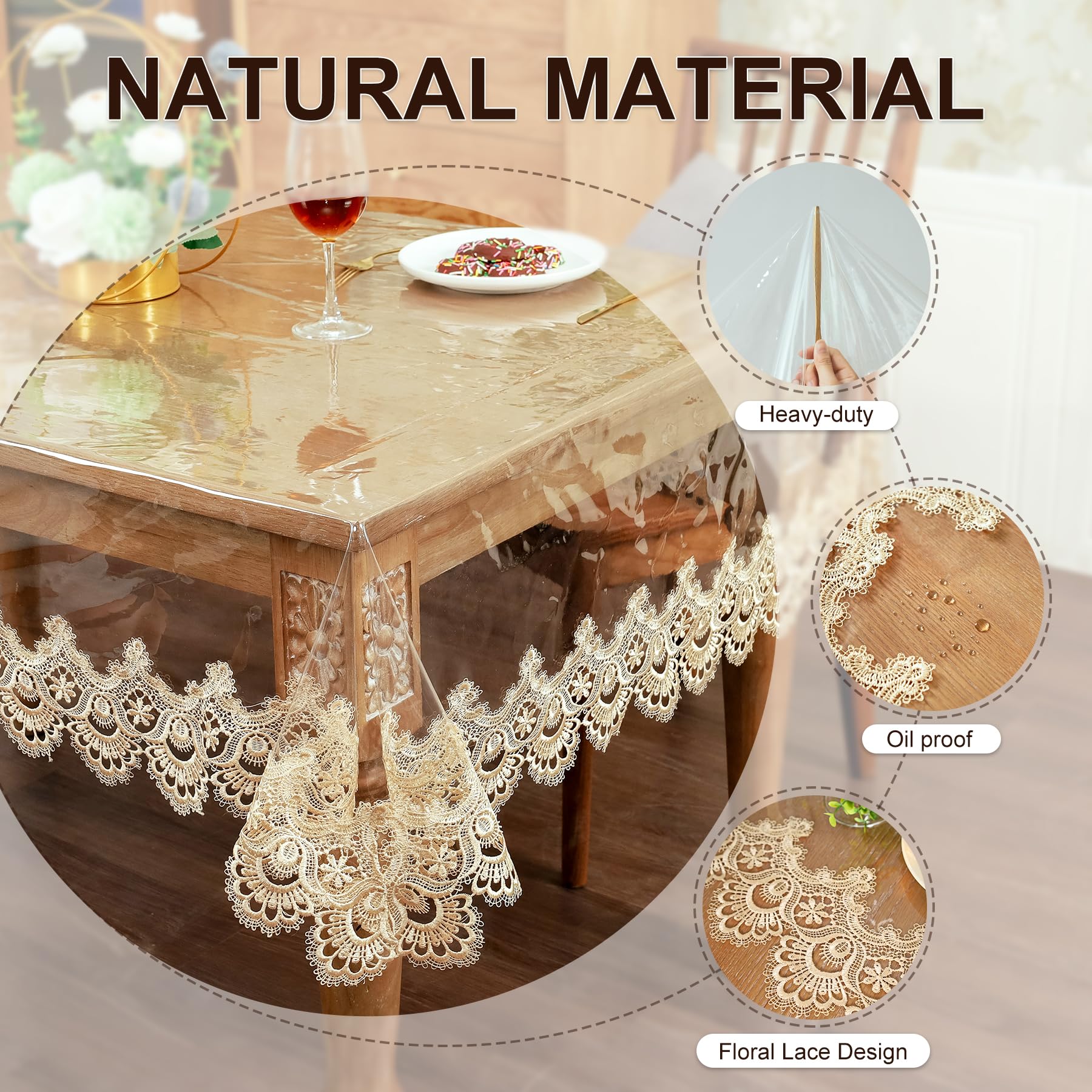 OOKSEN Table Cloth, Rectangle Clear Plastic Tablecloth Waterproof Vinyl Tablecloths Transparent Oil Spill Proof Wipeable Table Cover Protector for Kitchen Dining (Light Brown, 52" x 70")