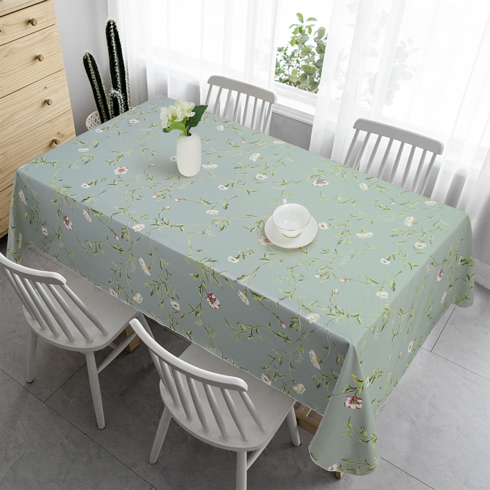 Vonabem Vinyl Tablecloth with Flannel Backing, Plastic Water Oil Proof Rectangle Table Cloth Cover, PVC Table Cloths for Camping Picnic Dining Indoor Outdoor(Green,52X70IN)