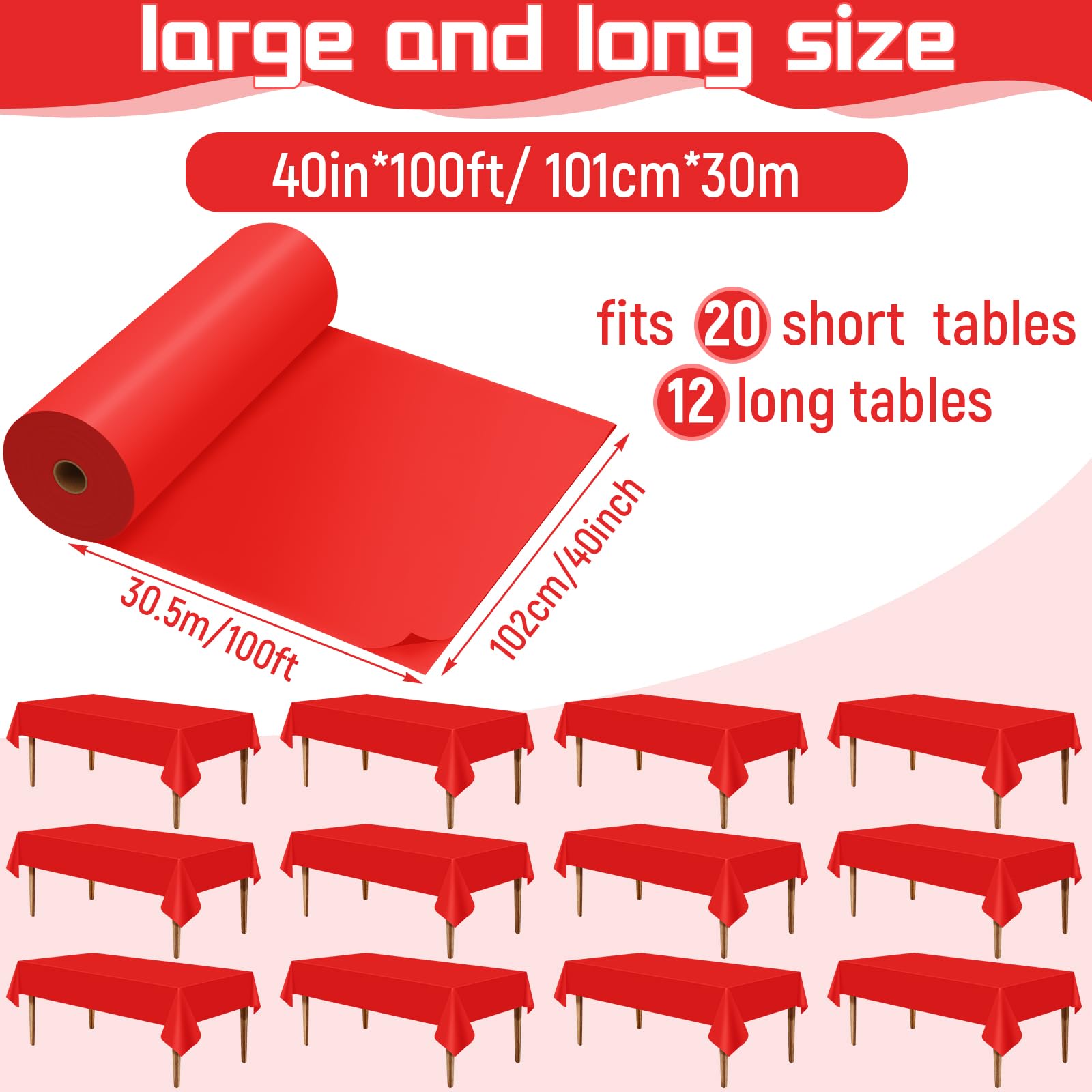 Preboun 2 Pcs Disposable Plastic Table Cover Roll 40 Inch x 100 ft Plastic Tablecloth Roll Disposable Table Cover, Plastic Table Cloth for Wedding Banque Party Decorations(Red)