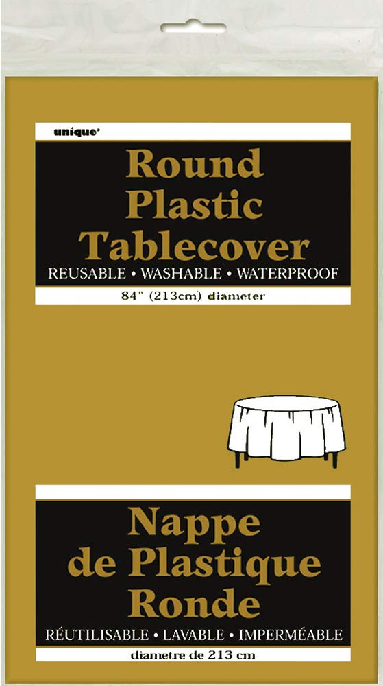 Elegant Gold Solid Round Plastic Table Cover (84")- Premium Waterproof Tablecloth - Perfect For Parties & Events, 1 Pack