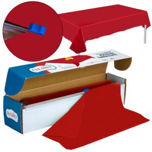 disposable table cover: durable plastic indoor/outdoor tablecloth 100' x 52" with easy to use safe cutter for patio, parties, barbecue & kitchen table (ruby red)