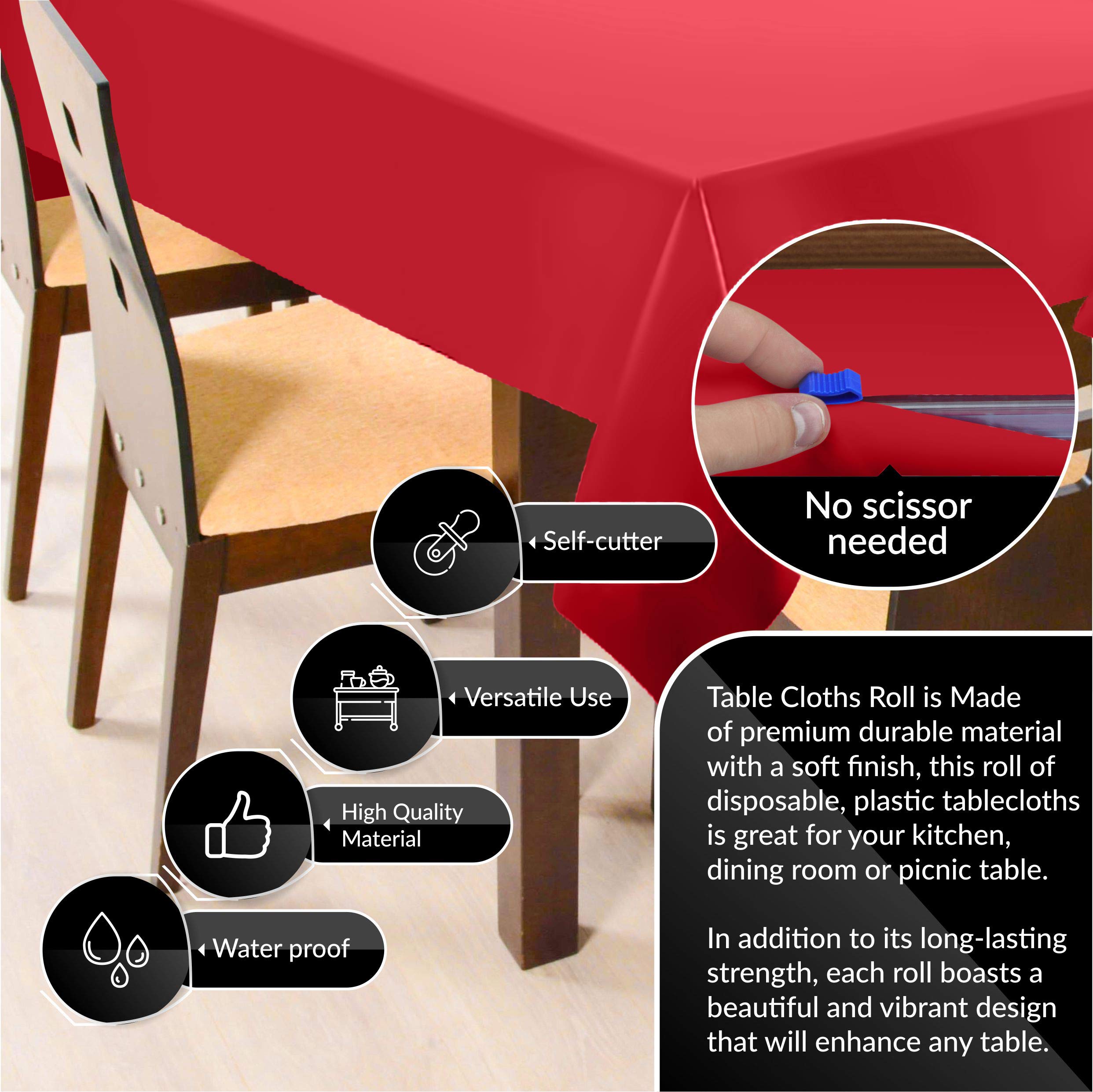 Disposable Table Cover: Durable Plastic Indoor/Outdoor Tablecloth 100' X 52" with Easy to Use Safe Cutter for Patio, Parties, Barbecue & Kitchen Table (Ruby Red)