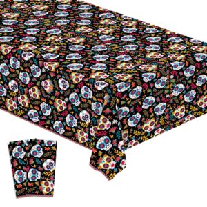 buxiuer day of the dead tablecloth plastic sugar skull dia de los muertos decoration mexican disposable table cloth waterproof table cover picnic dining kitchen decor 54 x108 inch -pack of 2