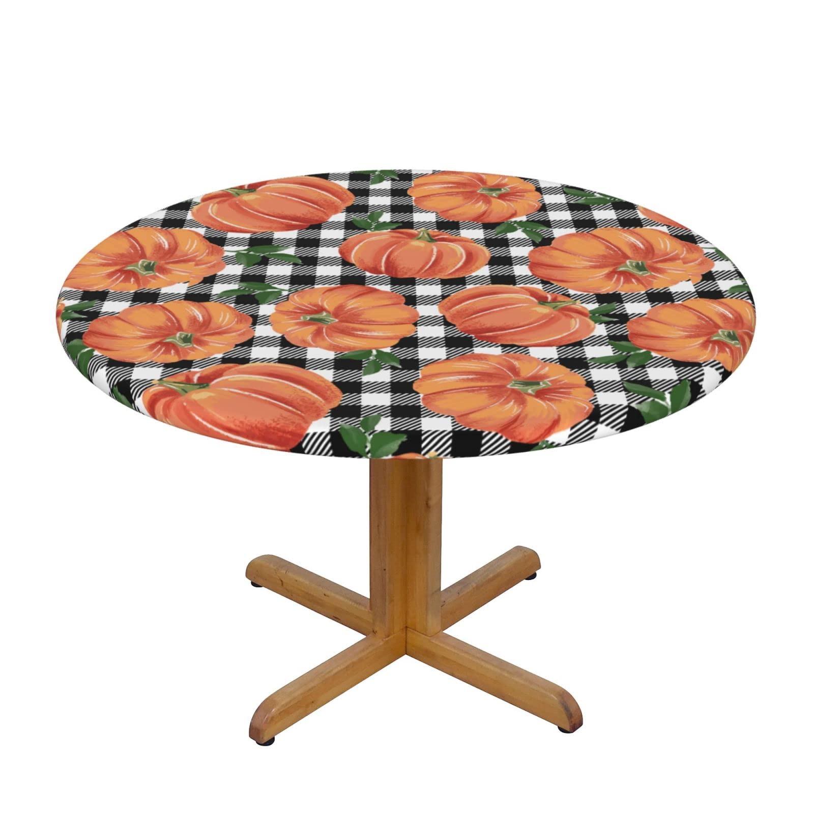 Fiokroo Autumn Pumpkins Checkerboard Tablecloth with Elastic Edge, Round Table Cloth Happy Thanksgiving Washable Reusable Table Cover for Kitchen Dining Party Picnic, Small