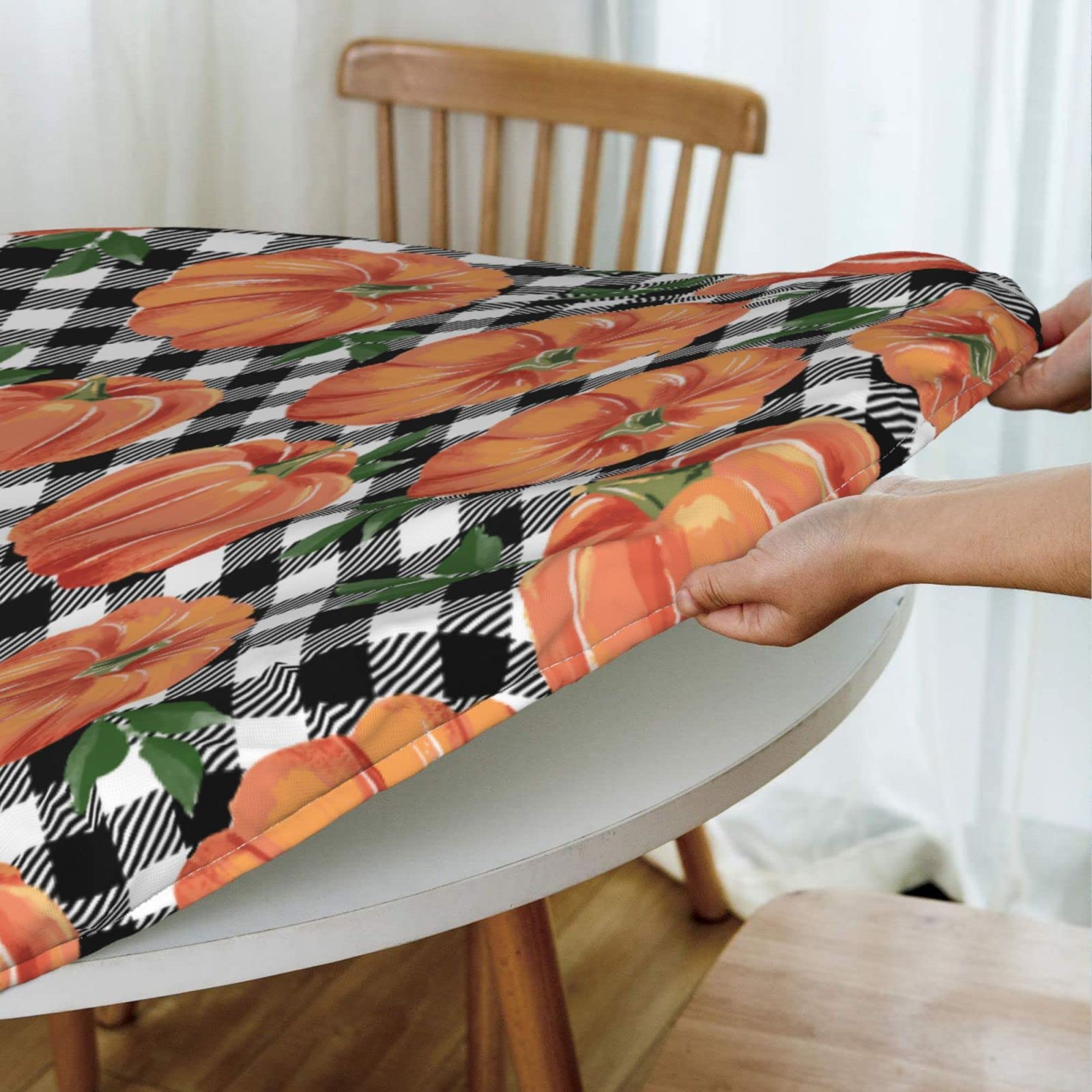 Fiokroo Autumn Pumpkins Checkerboard Tablecloth with Elastic Edge, Round Table Cloth Happy Thanksgiving Washable Reusable Table Cover for Kitchen Dining Party Picnic, Small