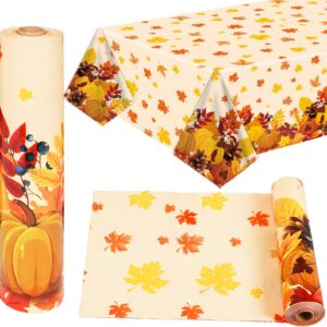 fall pumpkin tablecloth roll 52 in x 100 ft with slide cutter thanksgiving fall party table cloth roll maple leaf fall table cover for autumn events family banquet parties and celebrations(plastic)