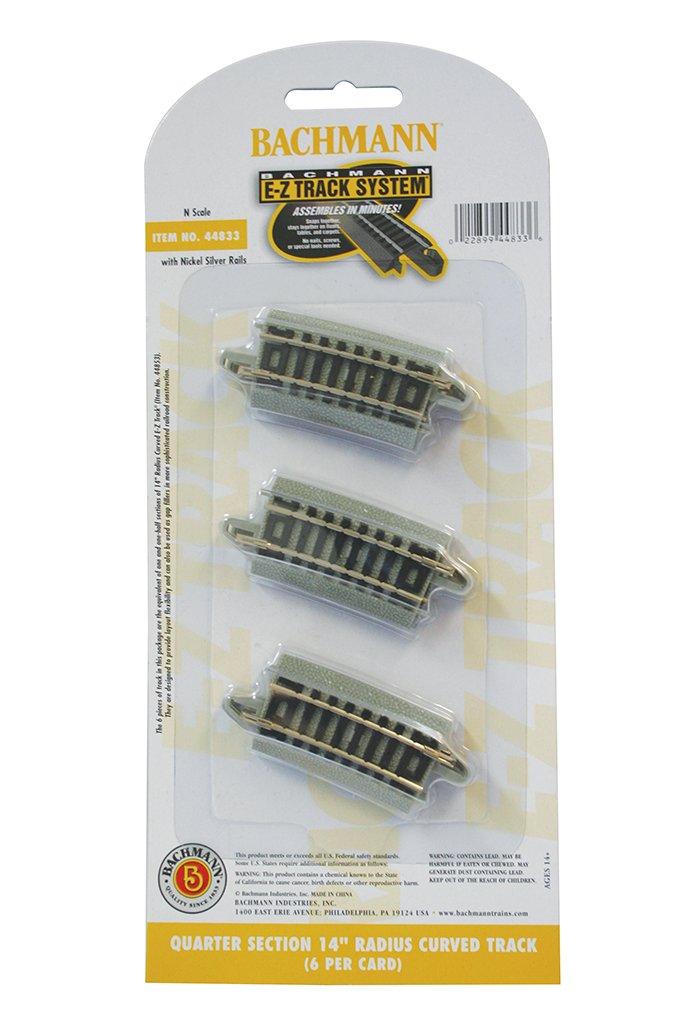 Bachmann Industries Quarter Section 14" Radius Curved Track (6/Card) Snap Fit E-Z Track, N Scale