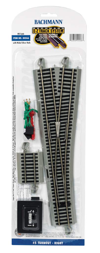 Bachmann Trains - Snap-Fit E-Z TRACK #5 TURNOUT - RIGHT (1/card) - NICKEL SILVER Rail With Gray Roadbed - HO Scale