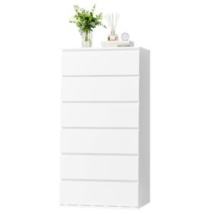 fotosok white dresser, 6 drawer dresser, modern tall floor storage cabinet with metal sliding rail, wooden handleless drawer cabinet, 6-layer large capacity vertical dressers for home & office