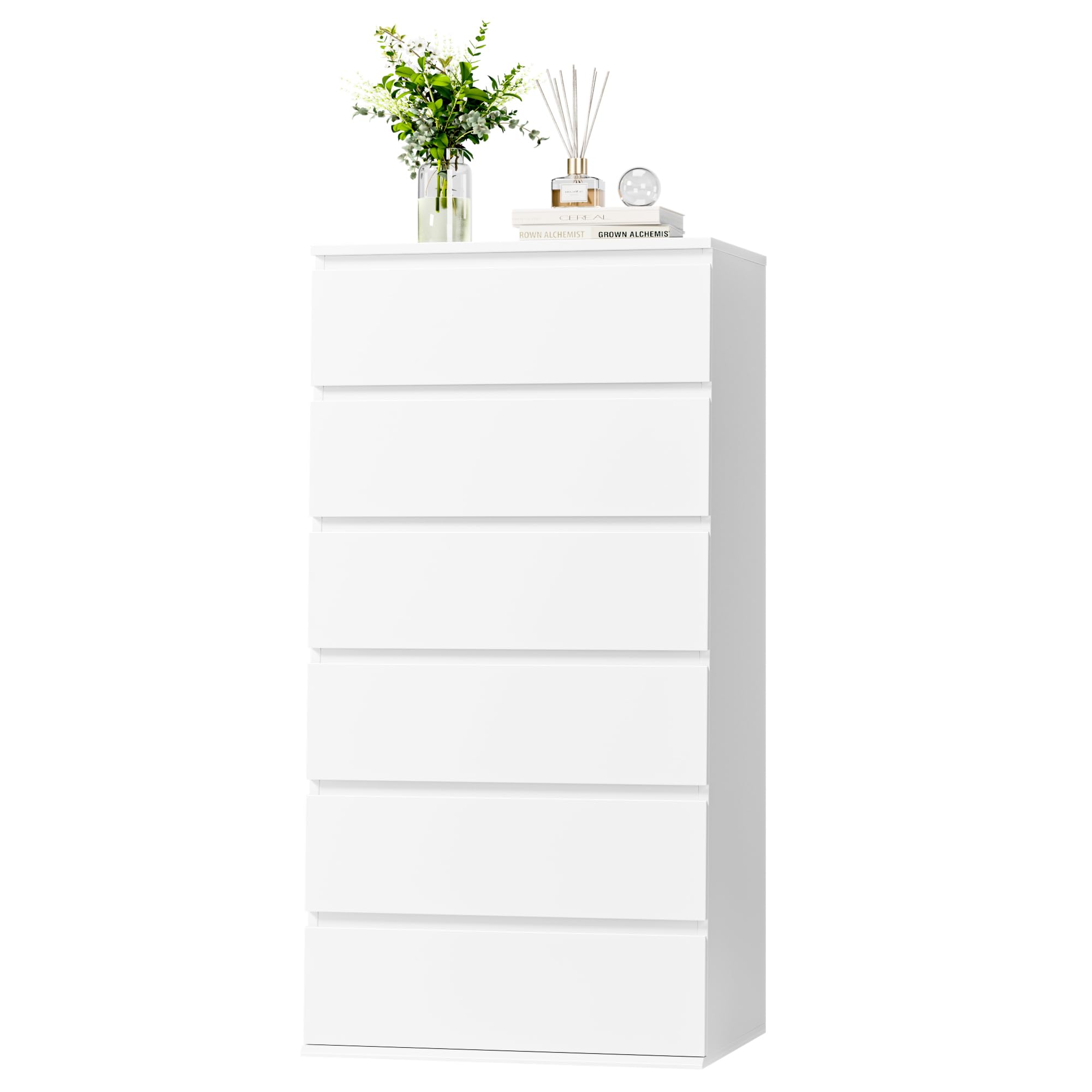 FOTOSOK White Dresser, 6 Drawer Dresser, Modern Tall Floor Storage Cabinet with Metal Sliding Rail, Wooden Handleless Drawer Cabinet, 6-Layer Large Capacity Vertical Dressers for Home & Office