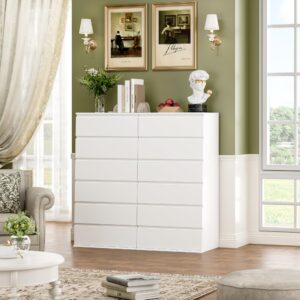 FOTOSOK White Dresser, 6 Drawer Dresser, Modern Tall Floor Storage Cabinet with Metal Sliding Rail, Wooden Handleless Drawer Cabinet, 6-Layer Large Capacity Vertical Dressers for Home & Office