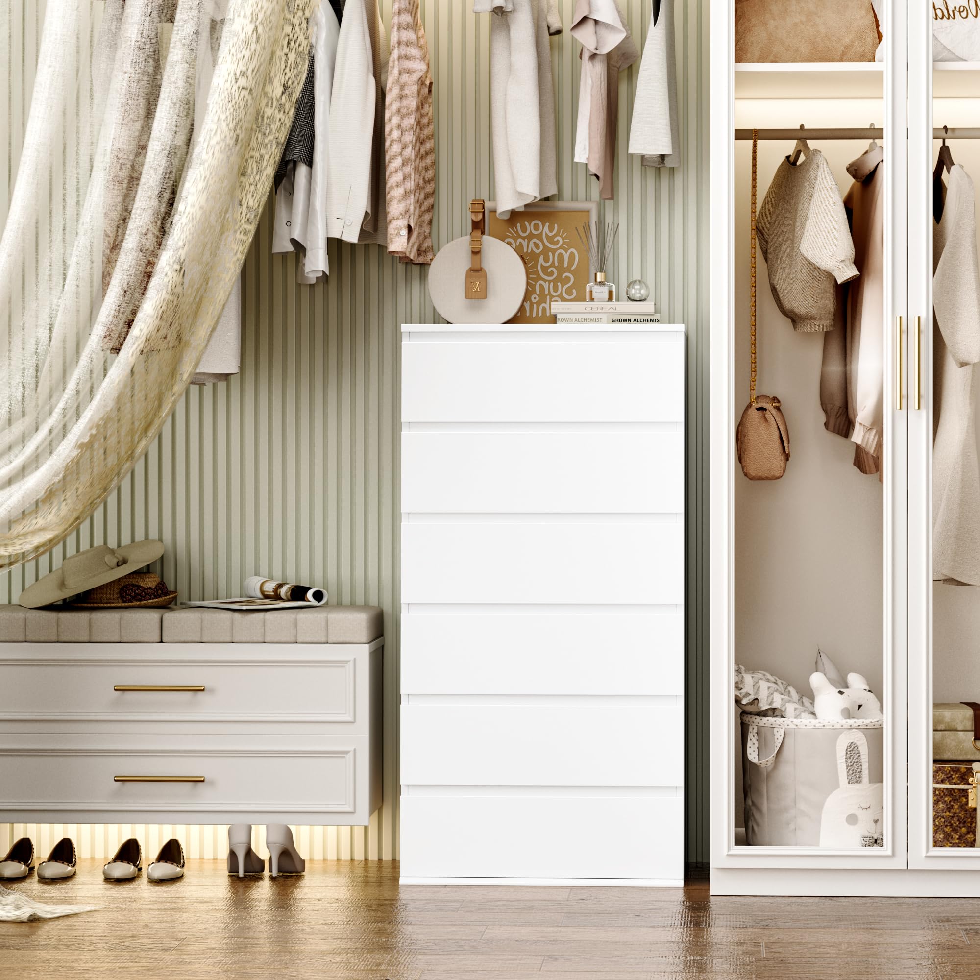 FOTOSOK White Dresser, 6 Drawer Dresser, Modern Tall Floor Storage Cabinet with Metal Sliding Rail, Wooden Handleless Drawer Cabinet, 6-Layer Large Capacity Vertical Dressers for Home & Office