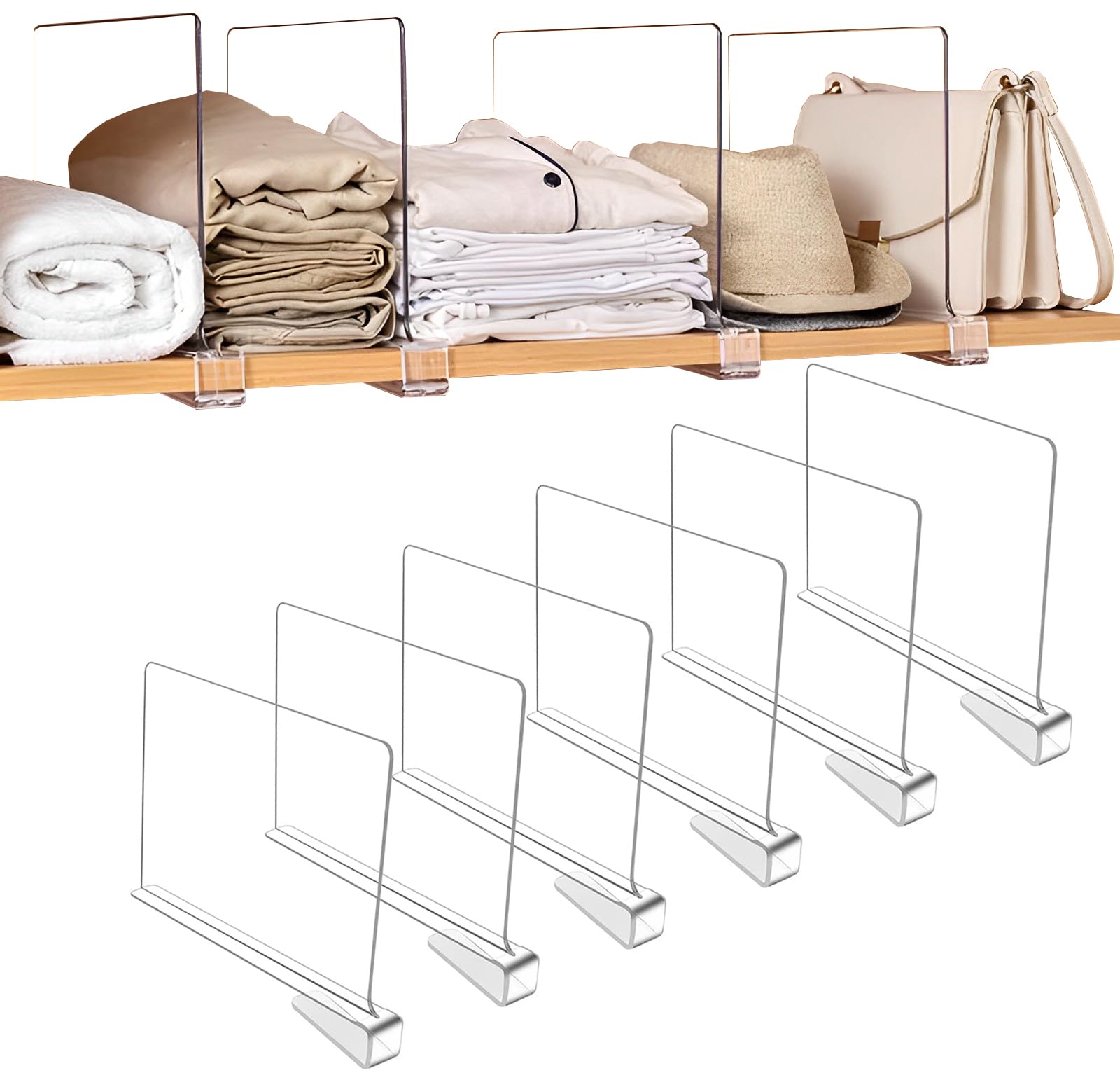 Sooyee 6 Pack Beautiful Acrylic Shelf Dividers, Perfect Perfect for Closets Kitchen Bedroom Shelving Organization to Organize Clothes Closet Shelves, Books,Towels and Hats, Purses Separators,Clear