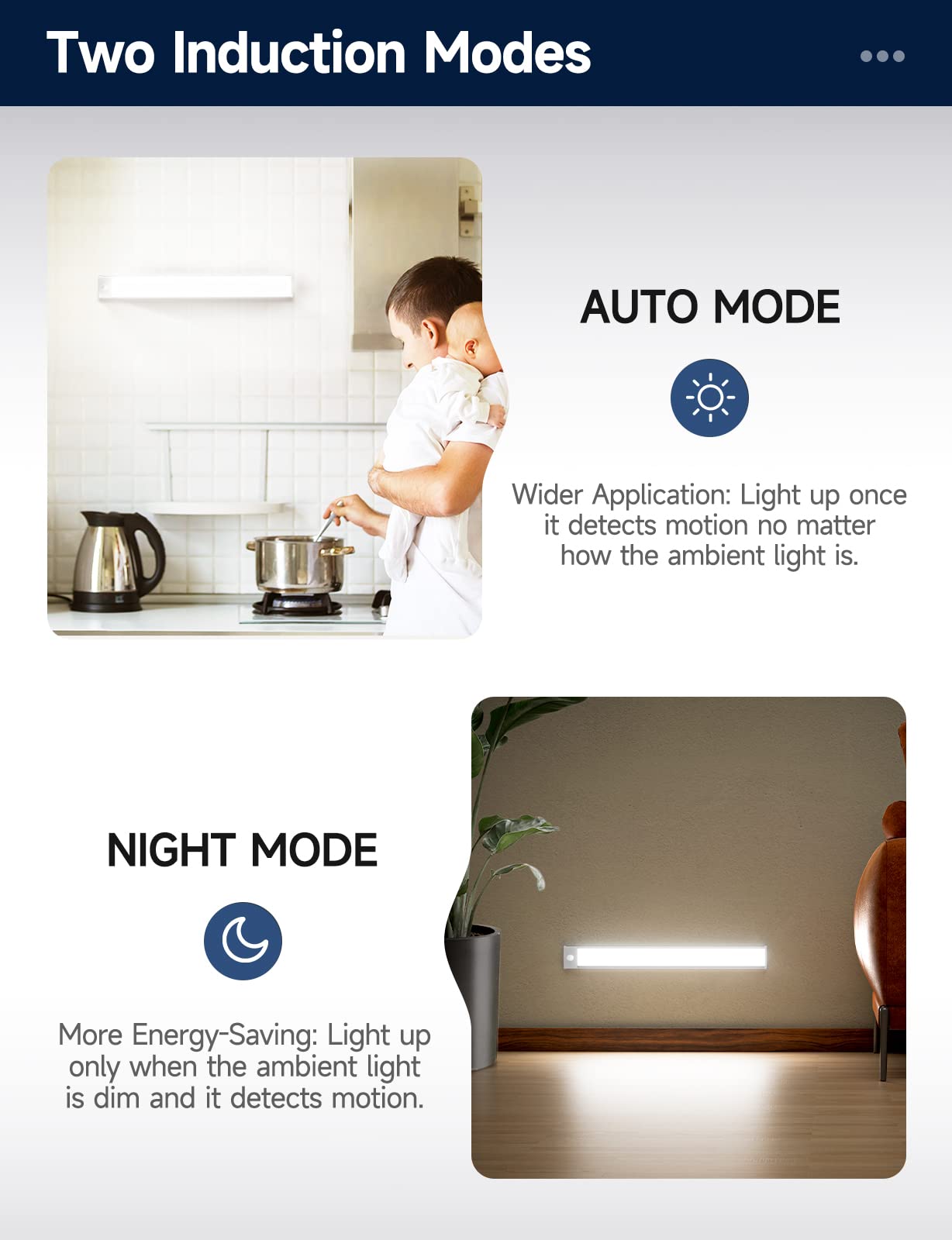 YIGER 2 Packs Under Cabinet Lights, 2000mAh Rechargeable 62 LED White Lighting, Wireless Motion Sensor Light Indoor,4 Modes Night Light, Stick-On Magnetic Closet Lights for Kitchen, Hallway