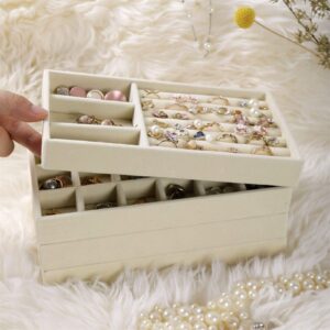 AIRZSNRY Jewelry Organizer for Drawer, Velvet Jewelry Storage Inserts, Stackable Jewelry Holder Tray for Dresser, Stacking Accessories Display for Drawers(Beige,1 Set)