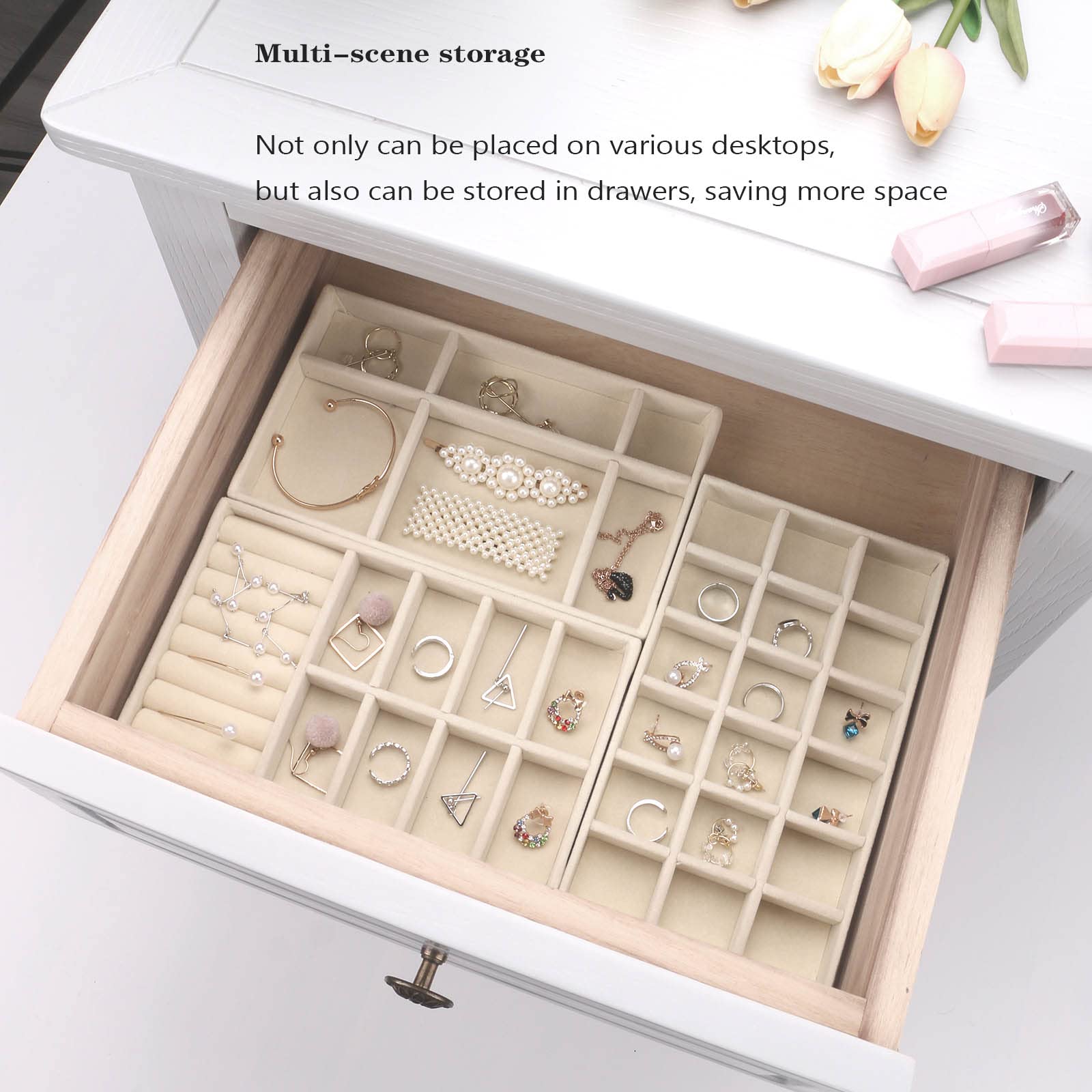 AIRZSNRY Jewelry Organizer for Drawer, Velvet Jewelry Storage Inserts, Stackable Jewelry Holder Tray for Dresser, Stacking Accessories Display for Drawers(Beige,1 Set)