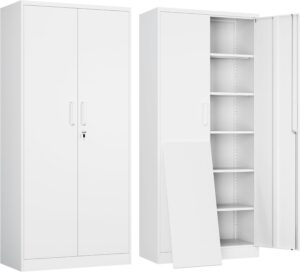 yizosh metal garage storage cabinet with 2 doors and 5 adjustable shelves - 71" steel lockable file cabinet,locking tool cabinets for office,home,garage,gym,school (white)