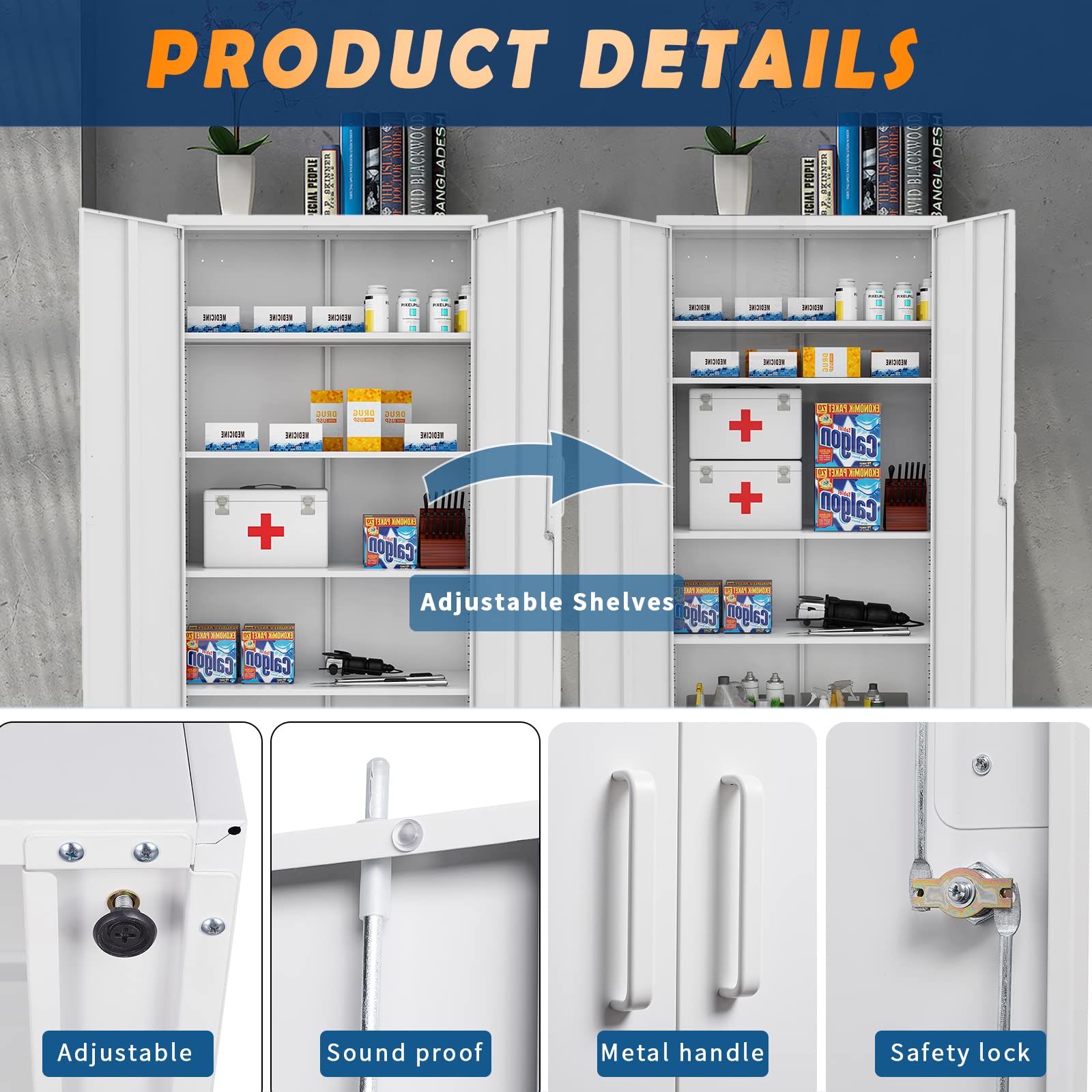 Yizosh Metal Garage Storage Cabinet with 2 Doors and 5 Adjustable Shelves - 71" Steel Lockable File Cabinet,Locking Tool Cabinets for Office,Home,Garage,Gym,School (White)