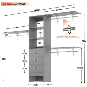 Armocity 96 Inches Closet System, 8FT Walk In Closet Organizer with 3 Shelving Towers, Heavy Duty Clothes Rack with 3 Drawers, Built-In Garment Rack, 96" L x 16" W x 75" H, Max Load 1000 LBS, Grey