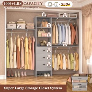 Armocity 96 Inches Closet System, 8FT Walk In Closet Organizer with 3 Shelving Towers, Heavy Duty Clothes Rack with 3 Drawers, Built-In Garment Rack, 96" L x 16" W x 75" H, Max Load 1000 LBS, Grey